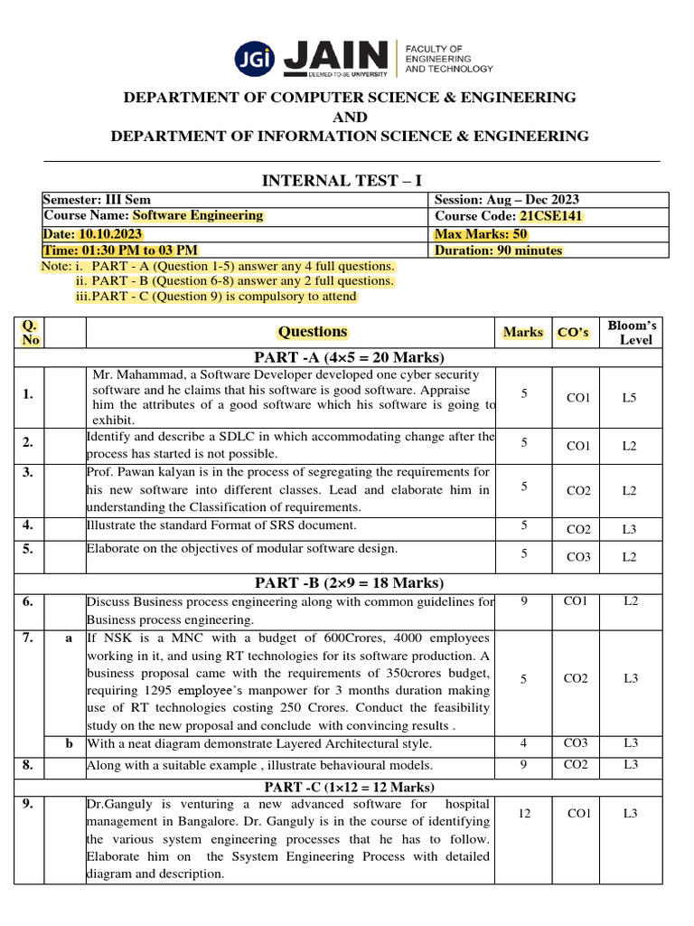 I A 1 QP Software Engineering - 22CSE141 3rd Sem Exam On 10 Oct 2023 ...