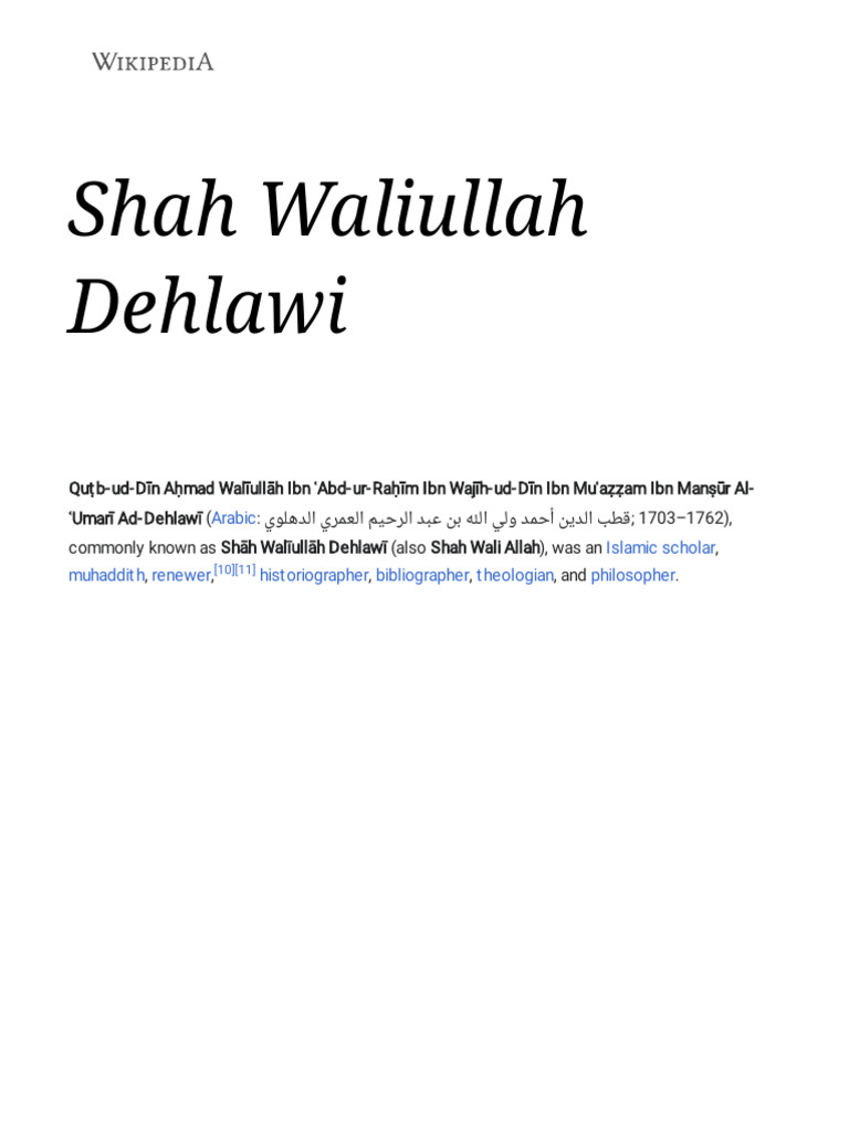 Shah Waliullah Dehlawi - Wikipedia | PDF | Sunni Islam | Religious Faiths