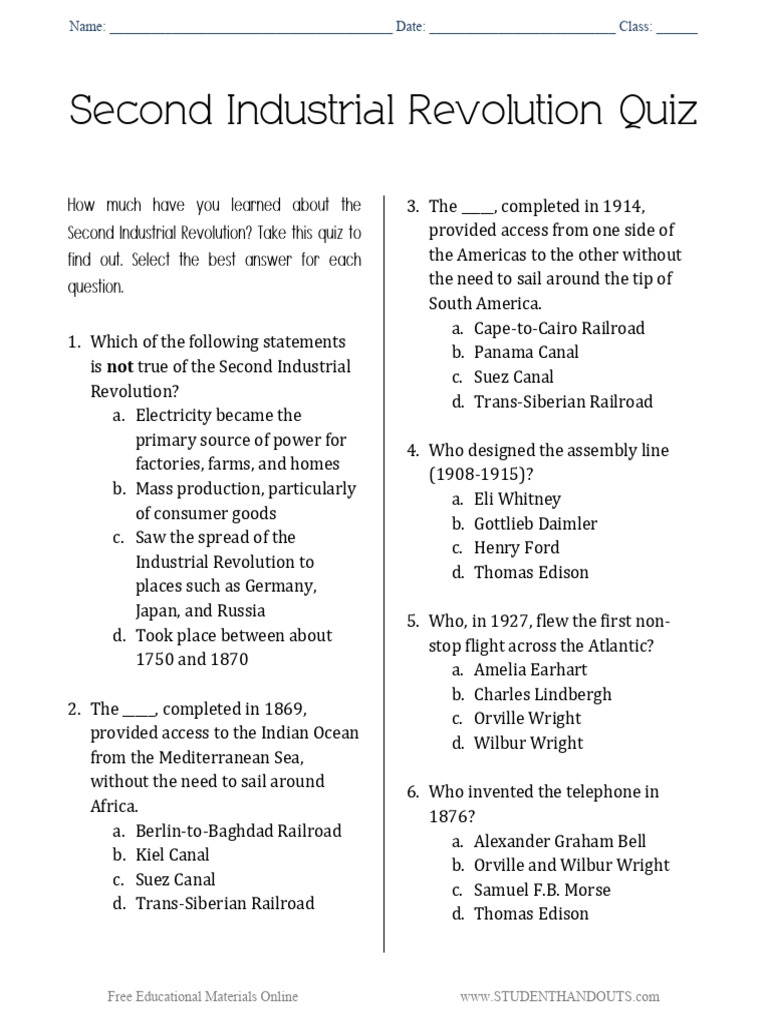 Second Industrial Revolution Quiz | PDF | Canal | Secondary Sector Of ...