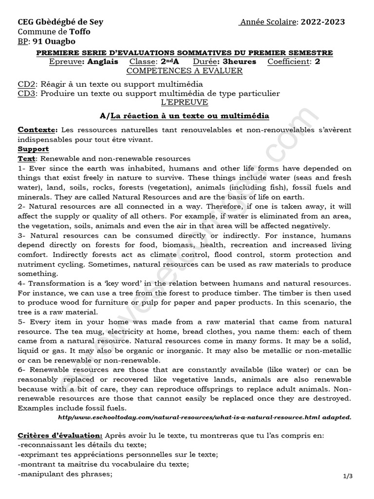 1er Devoir Du 1er Semestre Anglais 2nde A 2022-2023 Ceg Gbedegbe de Sey | PDF | Renewable ...
