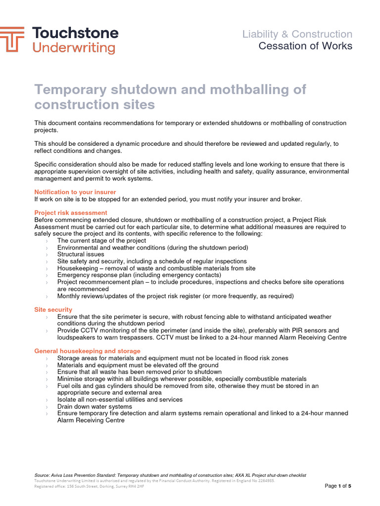 Construction Site Shutdown Guidelines | PDF | Risk | Insurance