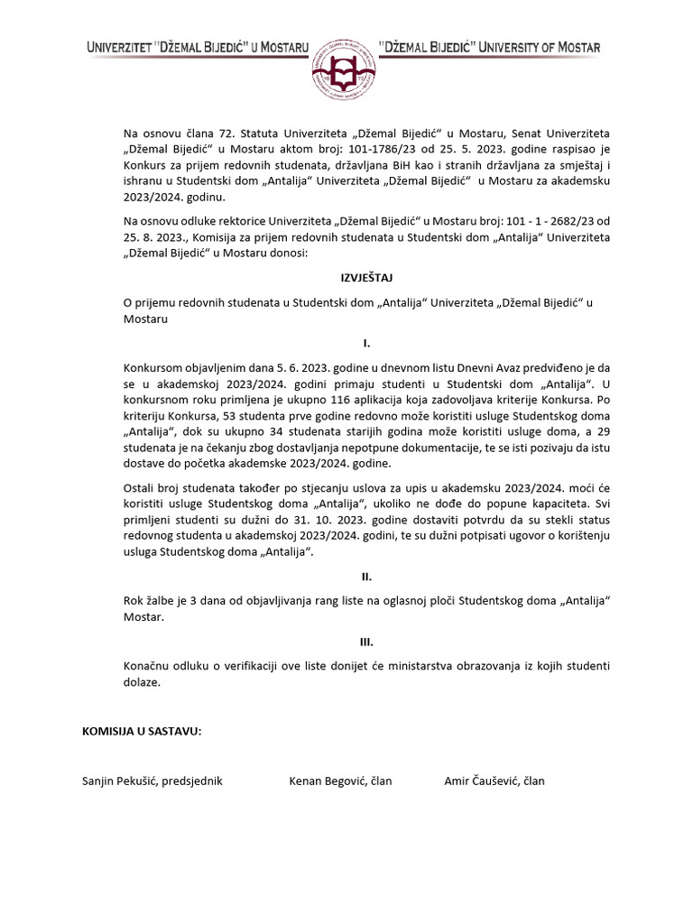 Rang Lista Primljenih Studenata U Studentski Dom Antalija | PDF