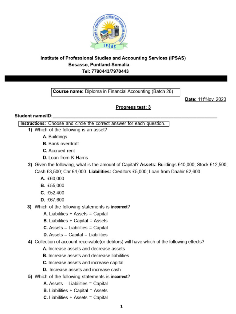 Diploma in Financial Accounting Test | PDF | Service Industries | Money