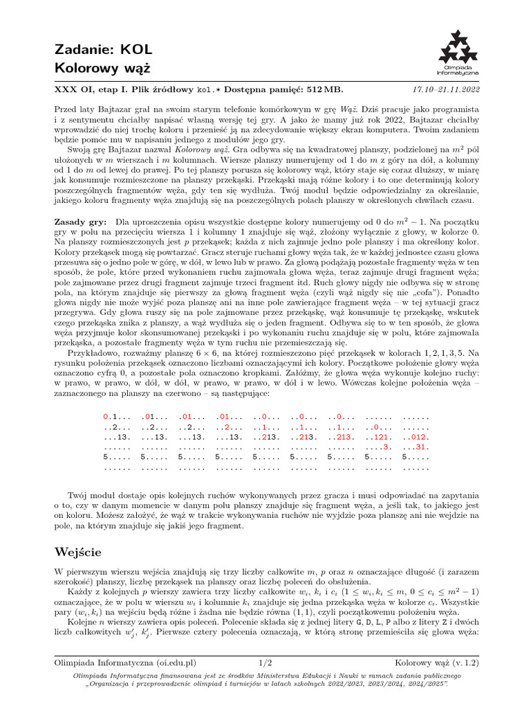 Zadanie: KOL Kolorowy Wąż: Wejście | PDF