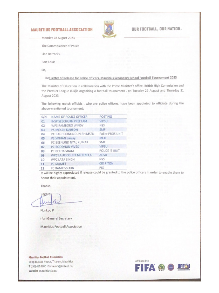 Sir, Re Letter of Release For Police Officers, Mauritius Secondary ...
