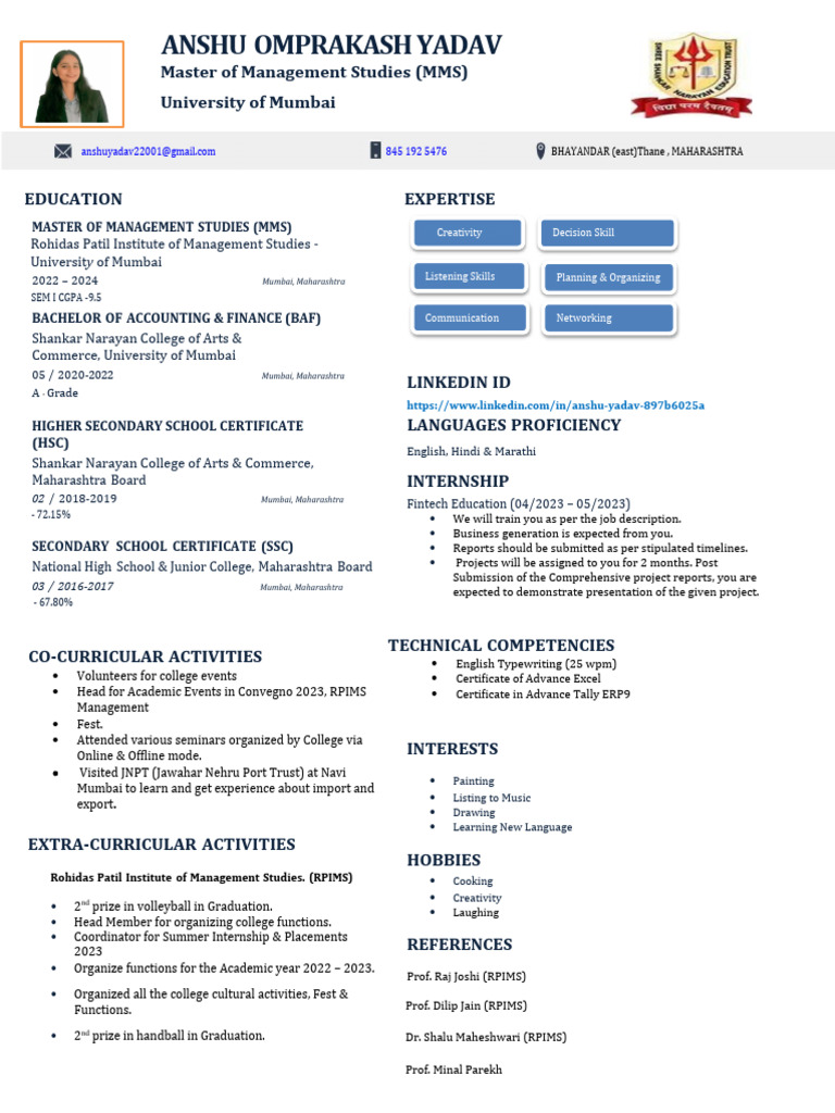 CV FORMAT | PDF | Mumbai | Educational Stages