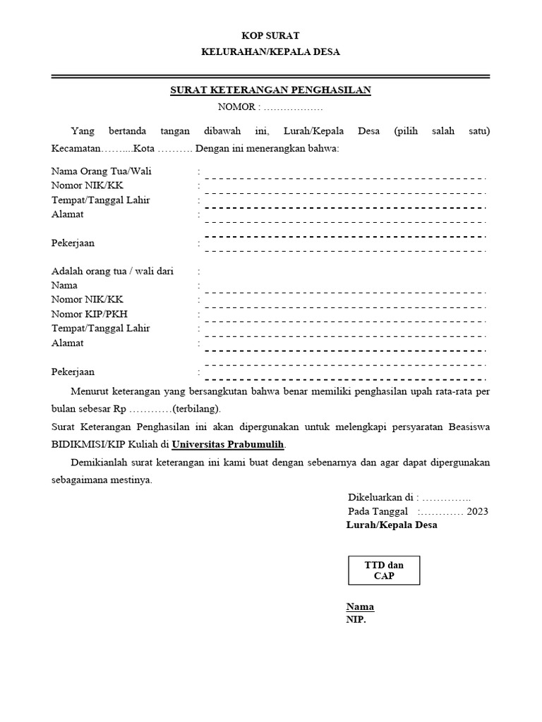 Contoh Penghasilan Dan SKTM Beasiswa KIP-2-3 | PDF