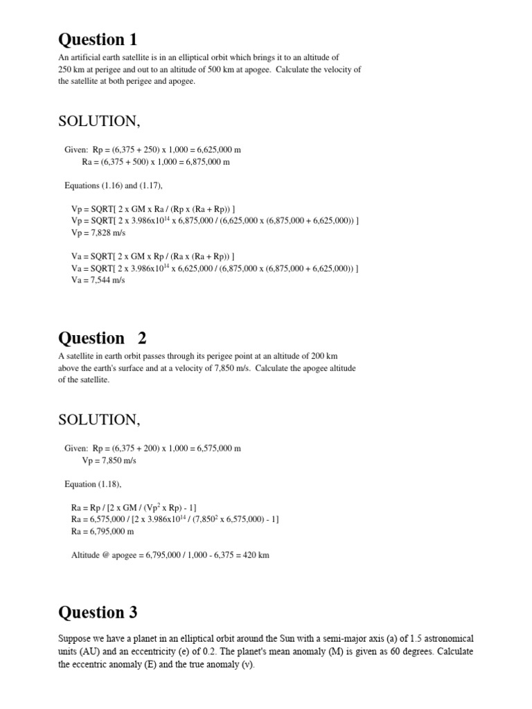 Questions and Solutions of Satellite Communication Orbits Planetary Motion | Download Free PDF ...