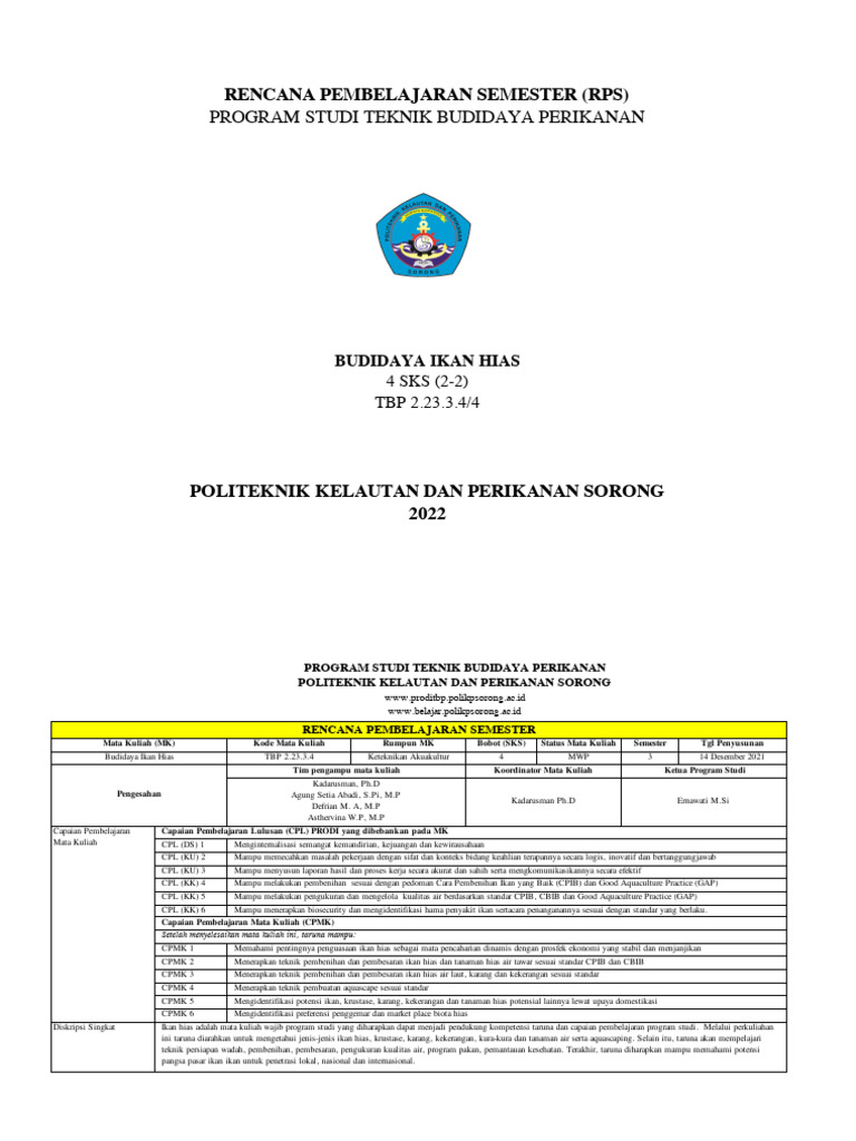 Rencana Pembelajaran Semester (RPS) Program Studi Teknik Budidaya Perikanan Politeknik Kelautan ...