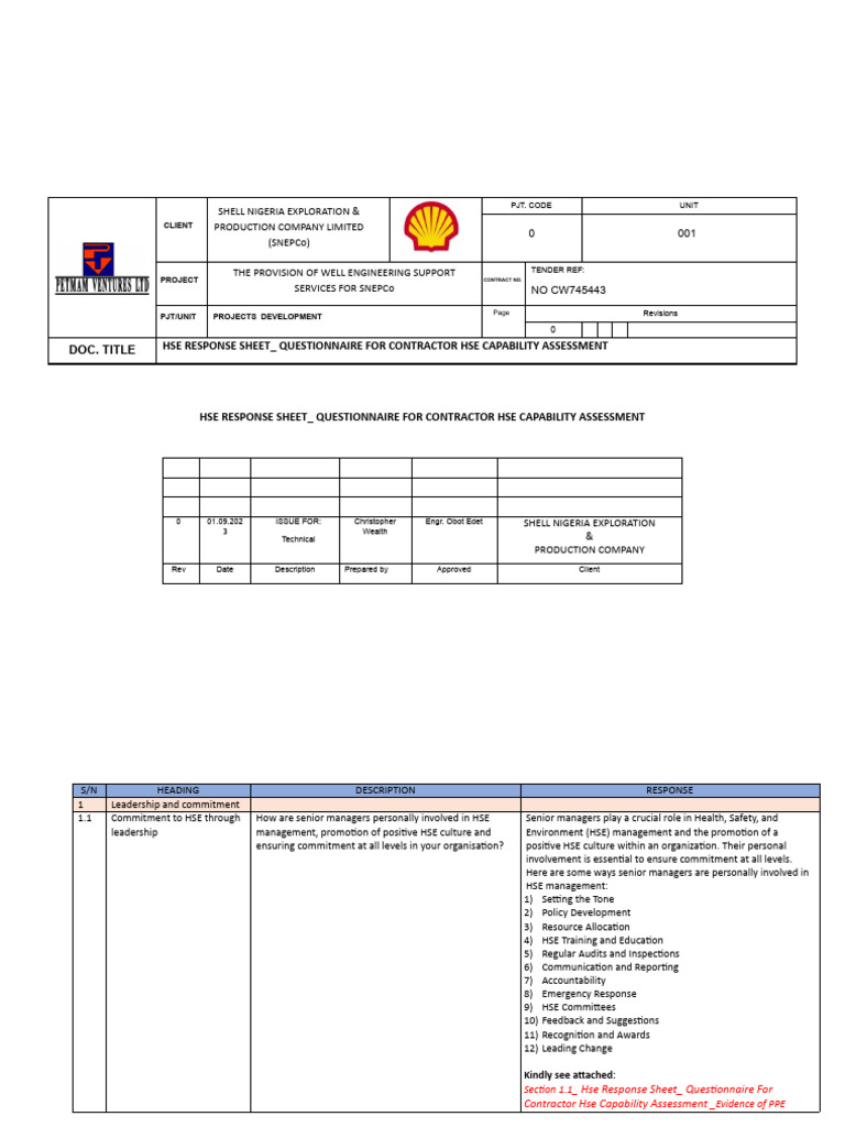 HSE RESPONSE SHEET - SHELL NIGERIA EXPLORATION & PRODUCTION COMPANY ...