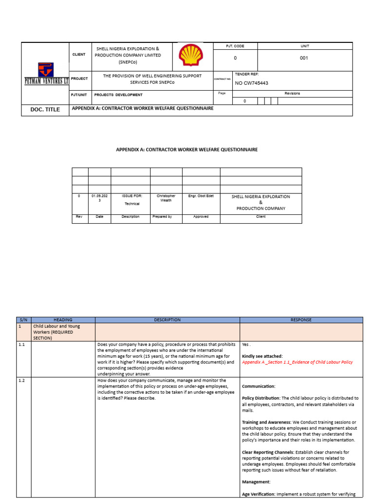 Appendix A - Contractor Worker Welfare Questionnaire | PDF | Employment | Audit