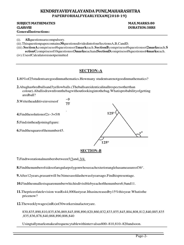 KV Class 8 Half Yearly Exam MATHS Model Question Paper 1 | PDF ...