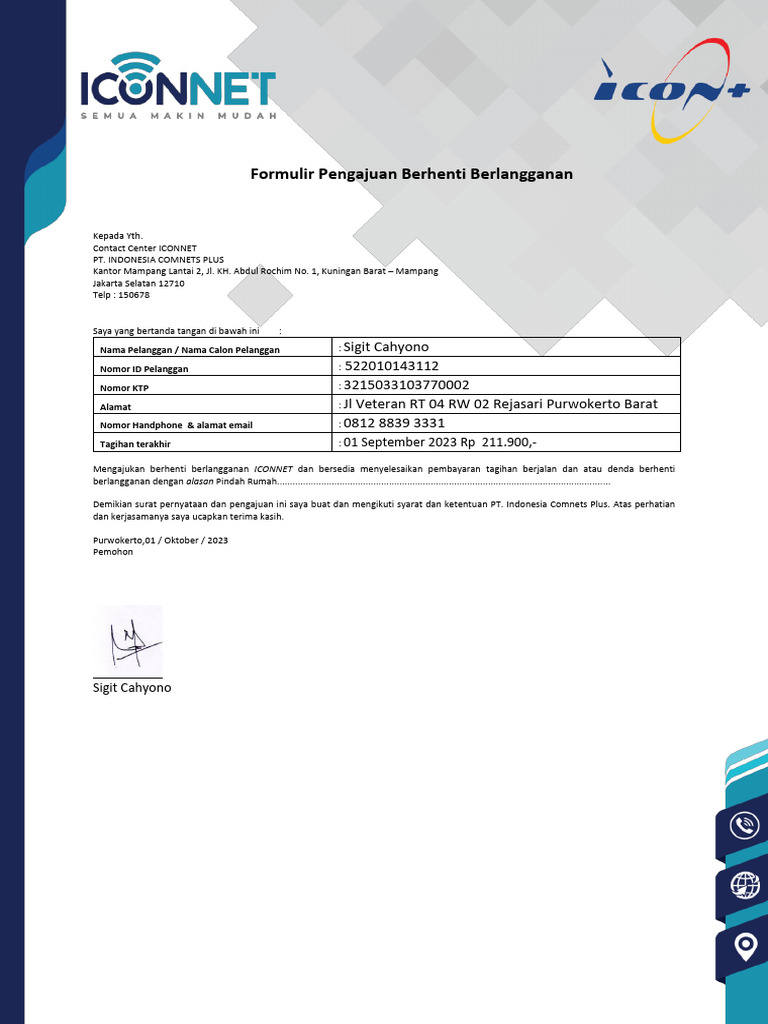 Formulir Pengajuan Berhenti Langganan ICONNET%281%29 011023 070804 | PDF