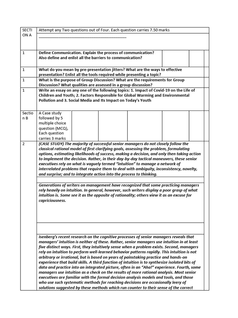 Question Paper Business Communication | PDF | Intuition | Communication