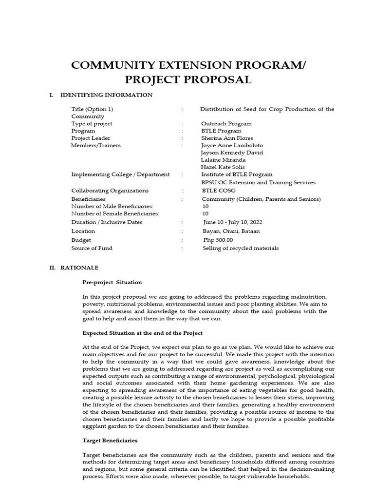 Community Seed Distribution Project Proposal | PDF | Vegetables | Obesity