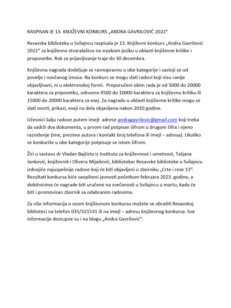 Raspisan Je 13 Knjizevni Konkurs Andra Gavrilovic | PDF