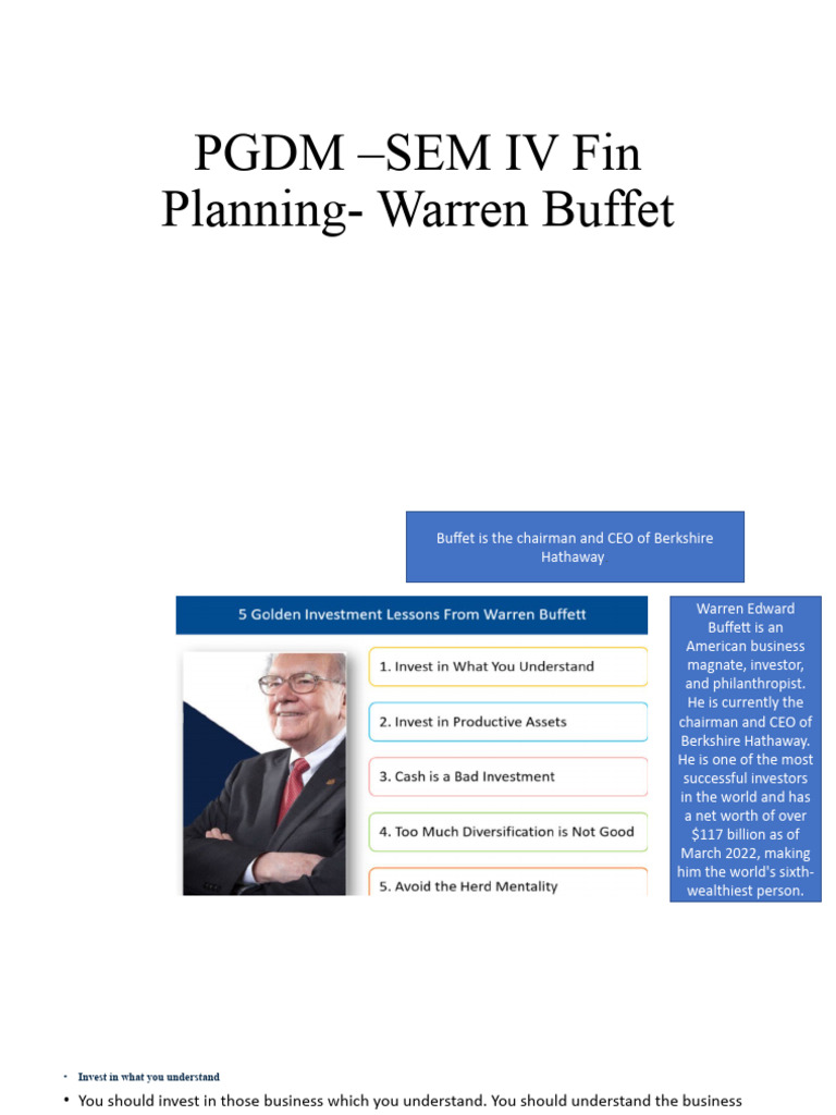 PGDM - SEM IV Fin Planning - Warren Buffet | PDF | Diversification (Finance) | Investing