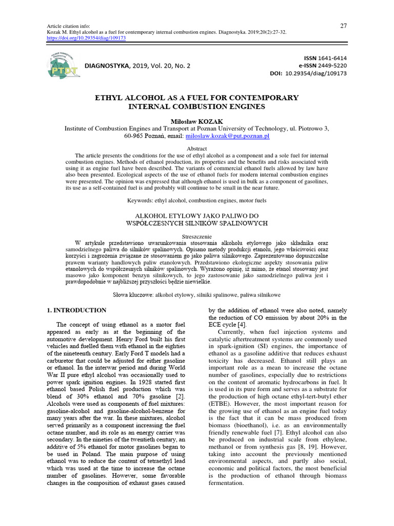 Ethyl Alcohol As A Fuel For Contemporary Internal Combustion Engines | PDF