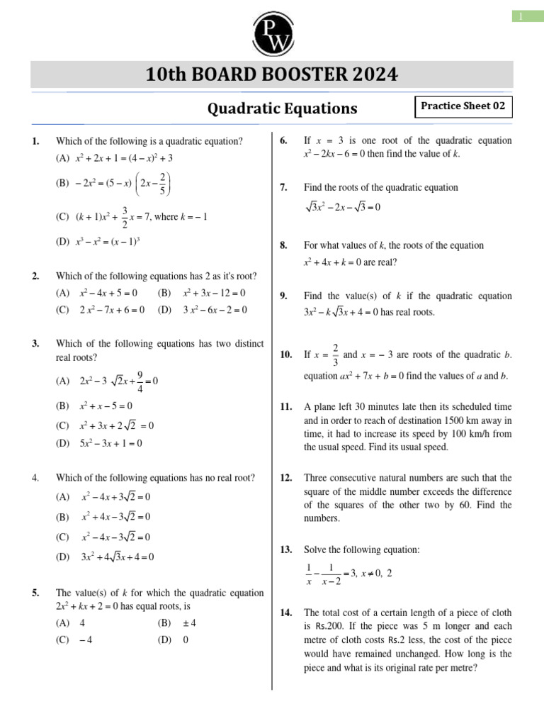Quadratic Equations - Practice Sheet 02 - (10th Board Booster 2024 ...