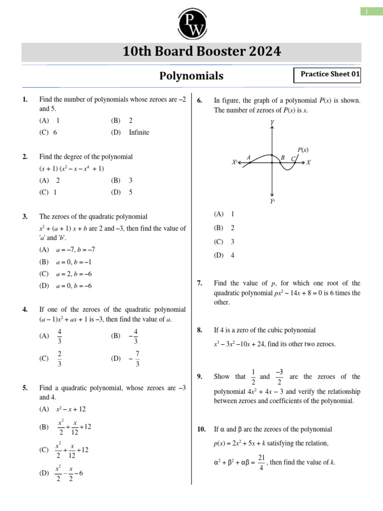 Polynomials _ Practice Sheet 01 __ (10th Board Booster 2024) | PDF | Mathematics Of Computing ...