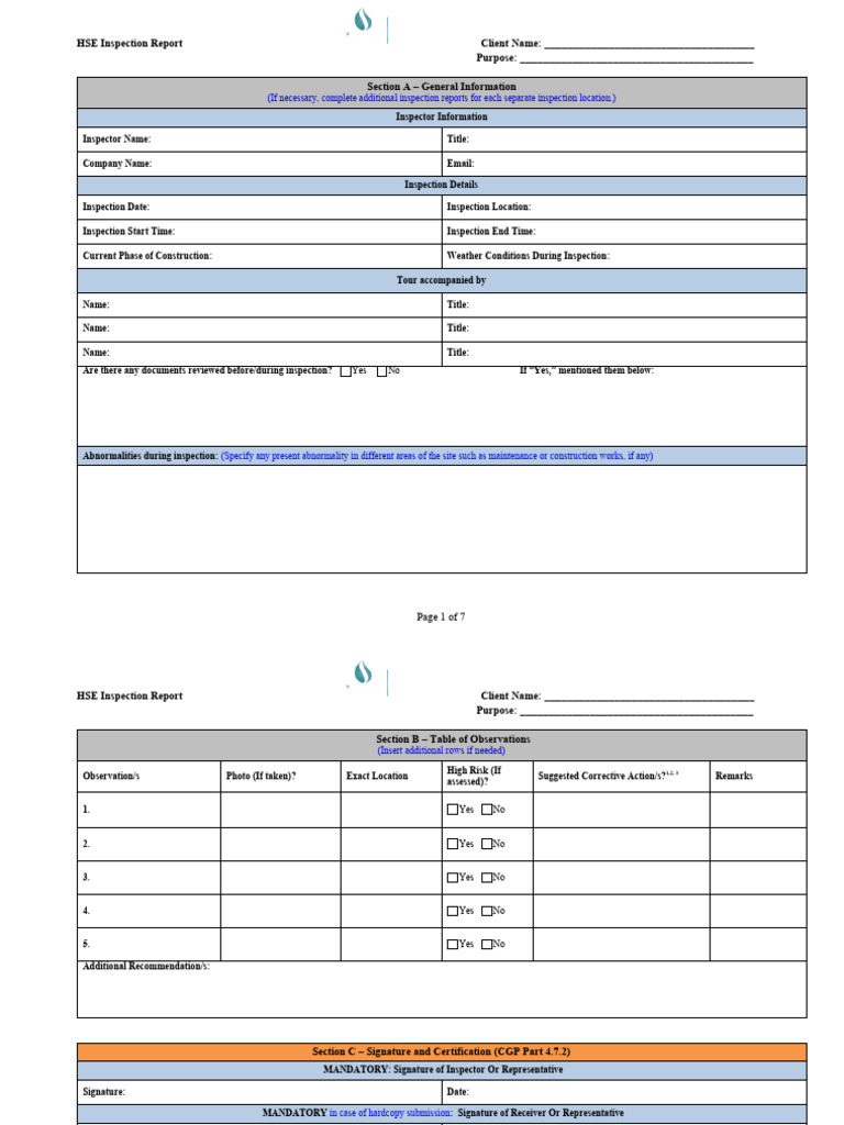 HSE Inspection Report Template | PDF