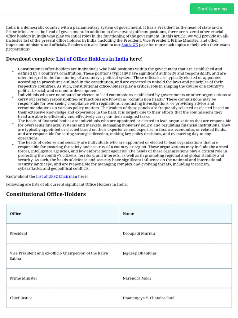 List of Office Holders in India - List of All Position Holders | PDF