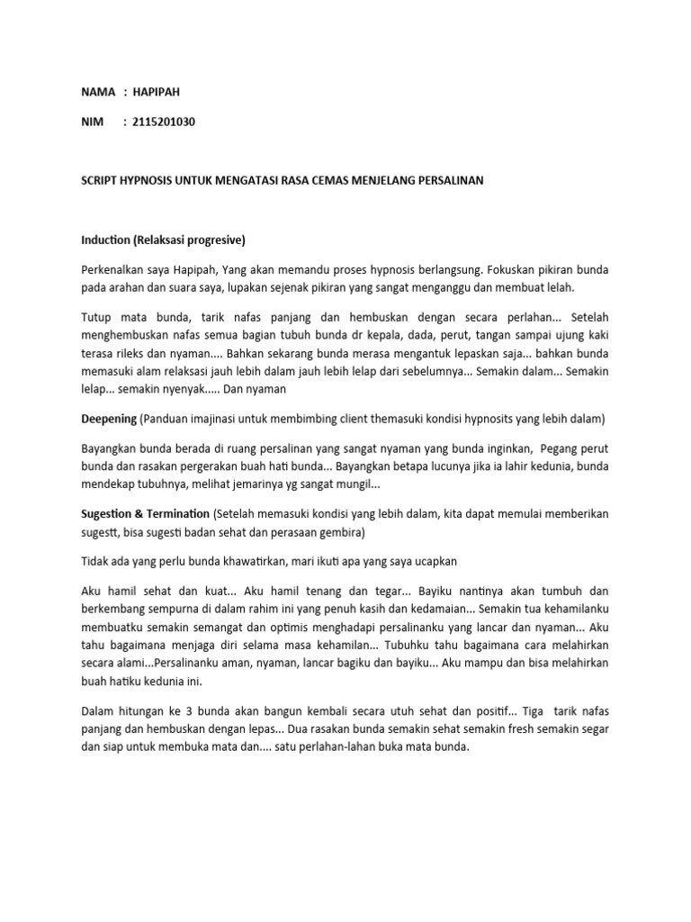 SCRIPT HYPNOSIS (Tgs Bu Catur) | PDF