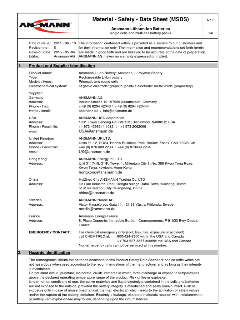Material - Safety - Data Sheet (MSDS) : Ansmann Lithium-Ion Batteries | PDF | Rechargeable ...