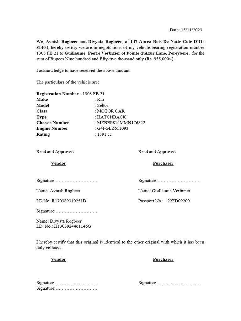 Vehicle Sale Agreement: Kia Seltos | PDF | Law