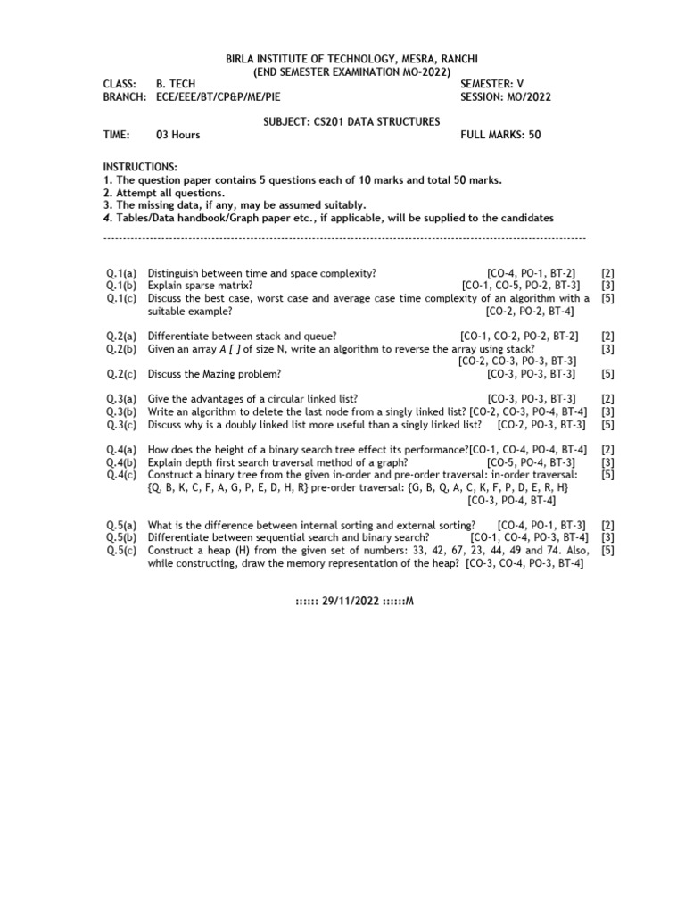 Dsa Paper 2 Pdf Computer Science Algorithms And Data Structures 2433