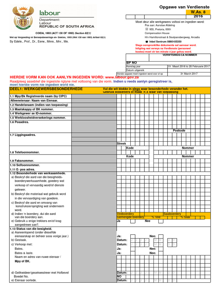 2016 Return of Earnings WAs8 Form - Afrikaans | PDF