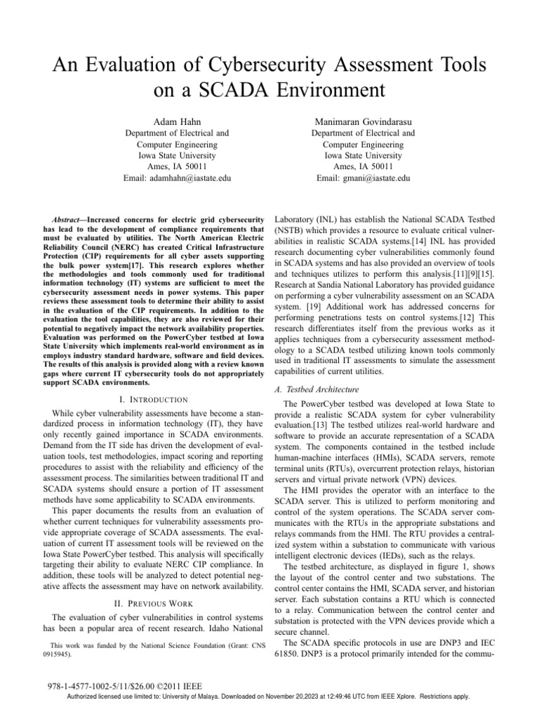 An Evaluation of Cybersecurity Assessment Tools On A SCADA Environment | PDF | Security ...
