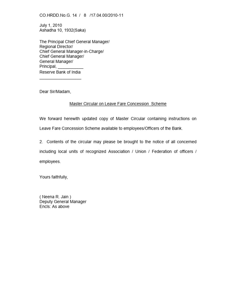 Circular Leave Fare Concession Scheme | PDF | Per Diem | Fare