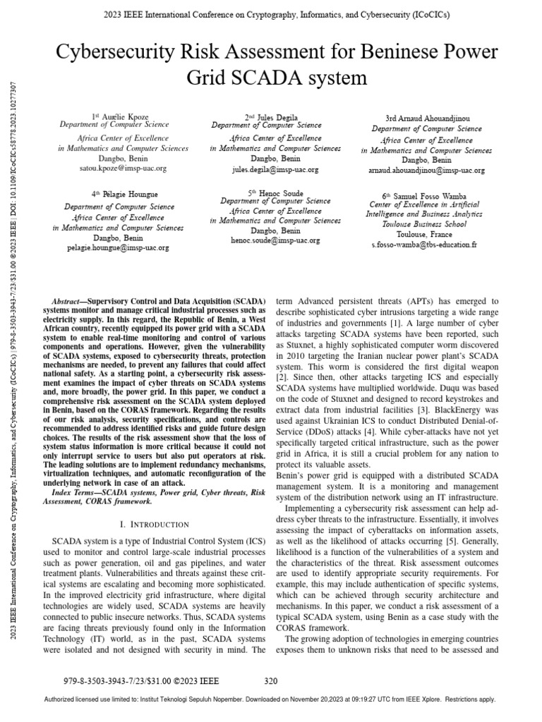Cybersecurity Risk Assessment For Beninese Power Grid SCADA System | PDF | Risk | Computer Security