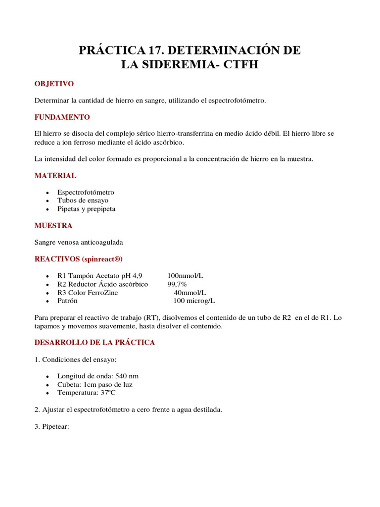 Practica - 17. - Estudio Del Hierro - Sideremia y CFTH | PDF | Hierro ...