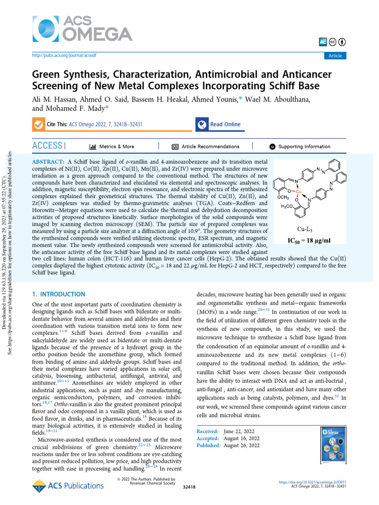 Green Synthesis, Characterization, Antimicrobial and Anticancer Screening of New Metal Complexes ...