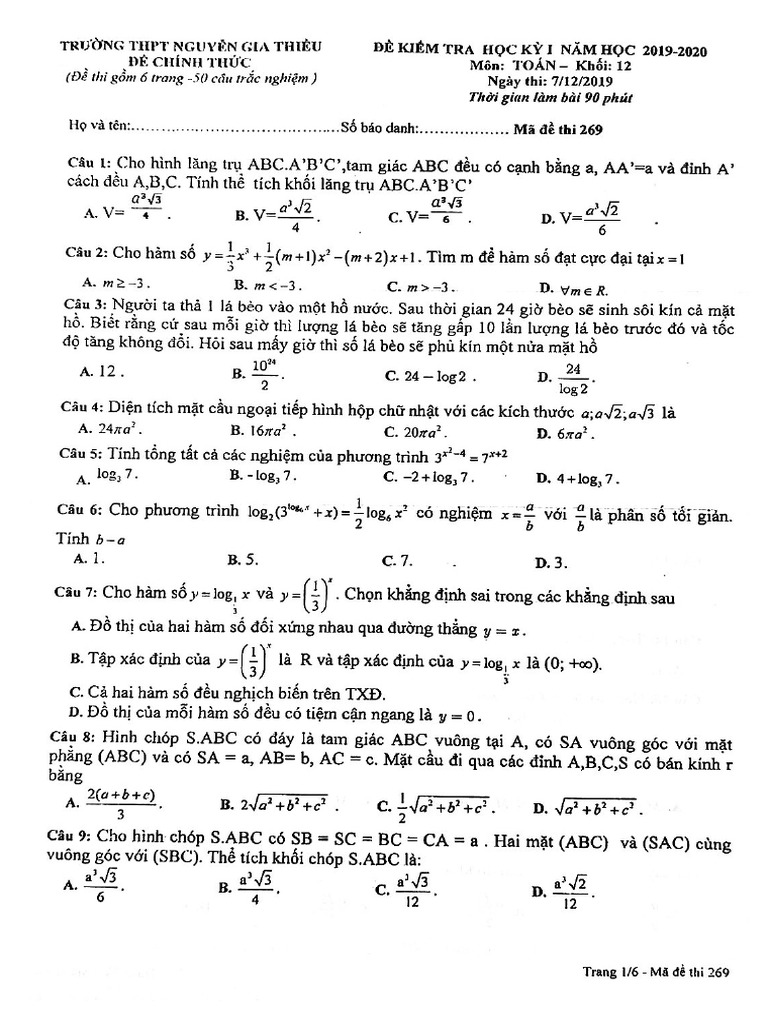 De Kiem Tra Hki Toan 12 Nam 2019 2020 Truong Nguyen Gia Thieu Ha Noi | PDF