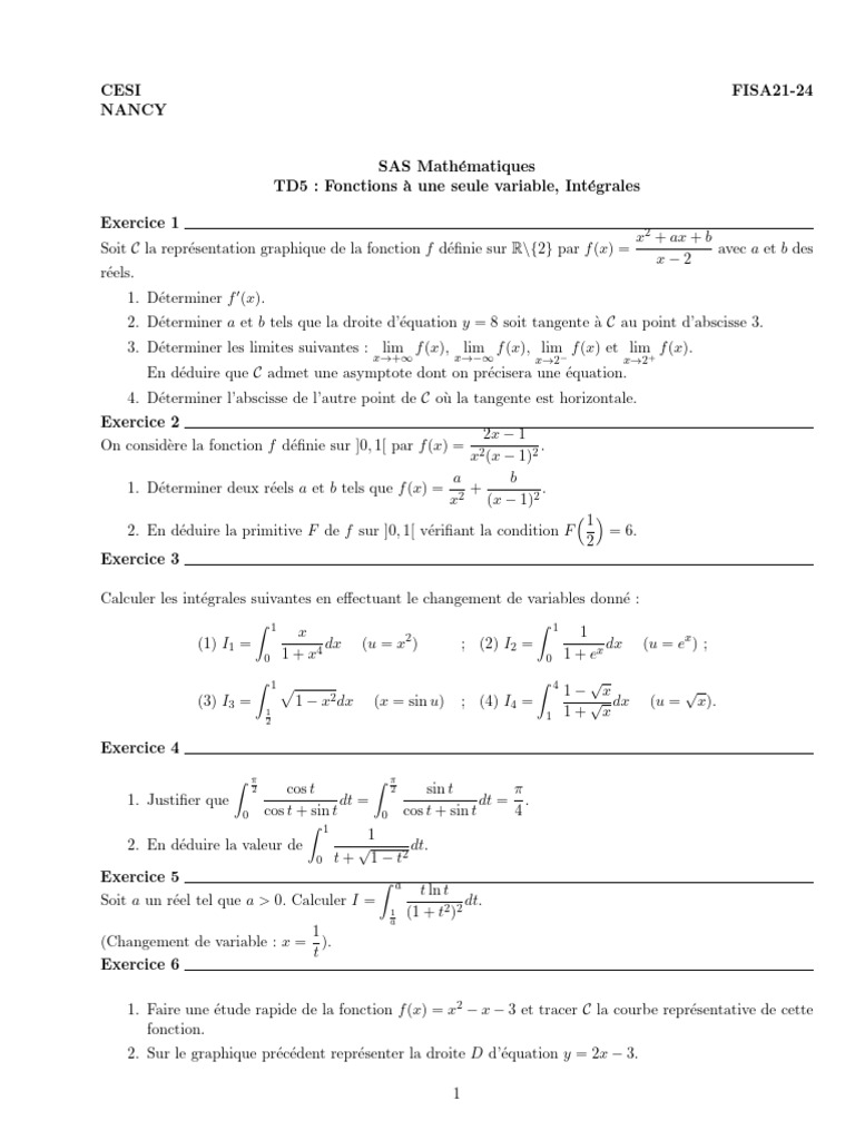 TD5 Fonction 1 Varable | PDF | Intégral | Fonction (Mathématiques)