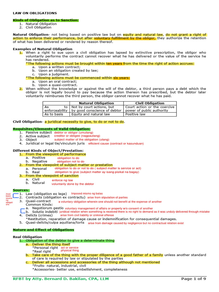 Law On Obligations Handouts | PDF | Legal Tender | Law Of Obligations