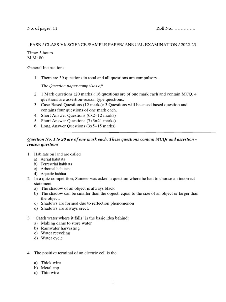 Class Vi Science Sample Paper | PDF | Skeleton | Water
