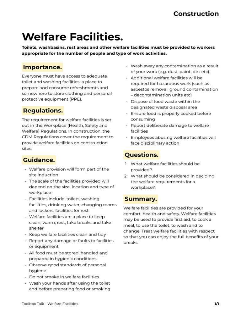 Toolbox Talk-Welfare Facilities | PDF | Occupational Safety And Health ...