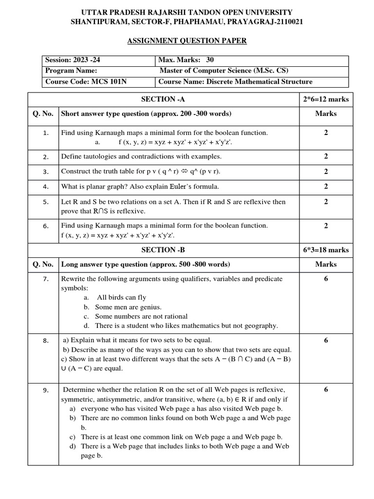 M.Sc. CS 1st Semester Assignment Paper | PDF | Relational Model | Queue ...