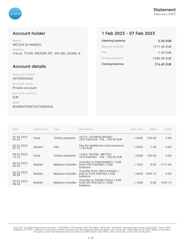 Icard Statement 01.2023 | PDF | Euro | Payments