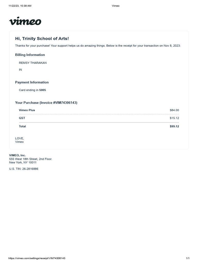 Vimeo Receipt | PDF