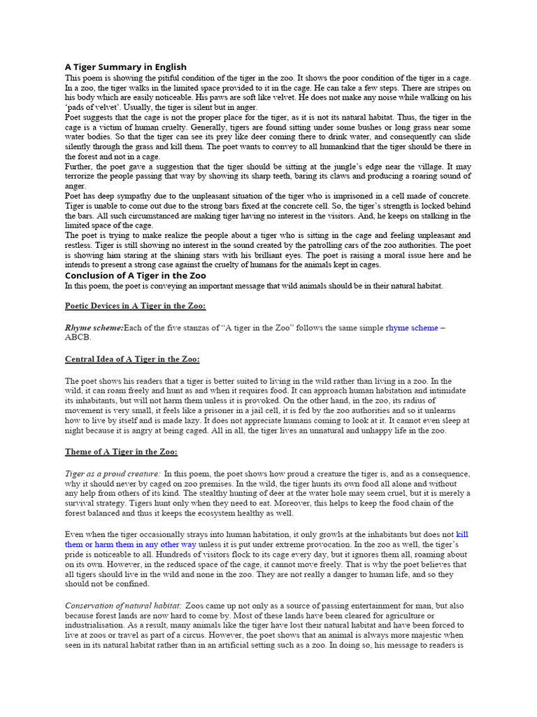 A Tiger in The Zoo Summary in English | PDF | Tiger | Zoo