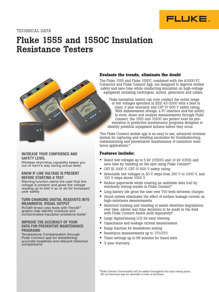 Fluke 1555 and 1550C Insulation Resistance Testers: Technical Data ...