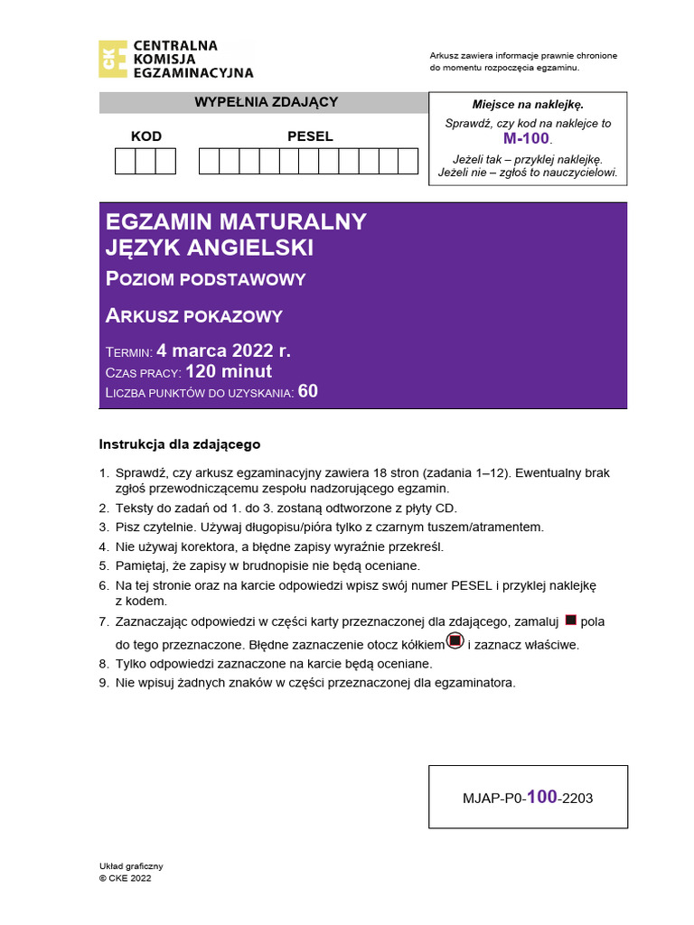 Arkusz pokazowy - Język angielski - poziom podstawowy | PDF