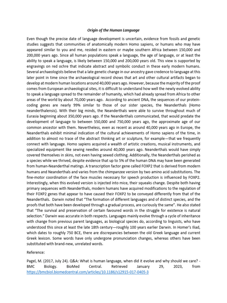 Origin of The Human Language | PDF | Neanderthal | Human