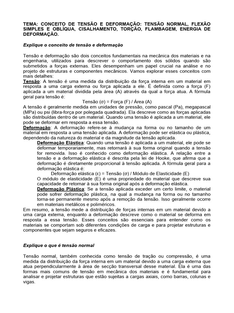 06 - Tema - Conceito de Tensão e Deformação - Tensão Normal, Flexão ...