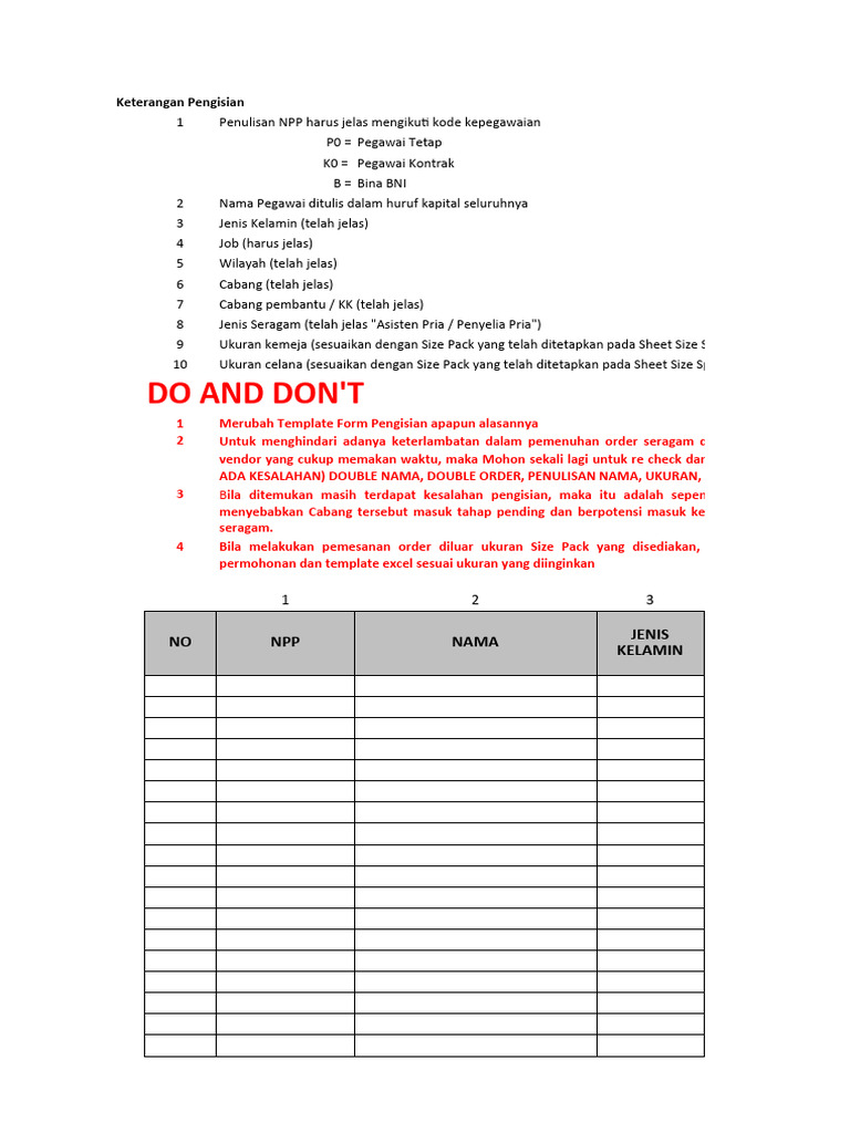 TEMPLATE ORDER SERAGAM Reguler & Emerald - MIDO | PDF